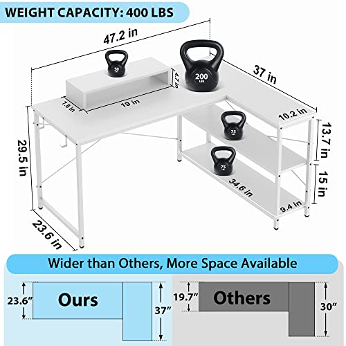 L-Shaped Desk with Storage Shelves, Computer Desk with Monitor Stand Study Writing Table Workstation, Easy to Assemble, White