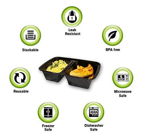 Sunrise Pak [150 Sets] 2 Compartment Meal Prep Containers, 28oz Black Plastic Containers, To Go Container, Bento Box, Lunch Box, Food Storage Container, BPA Free, Reusable (SR222B)