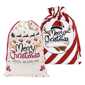 kathyyue christmas santa sacks canvas gift bags personalized xmas large burlap presents bags with drawstring reusable gift candy treats storage 2pcs size 17.7" x 25.6" and 19.7" x 27.5"