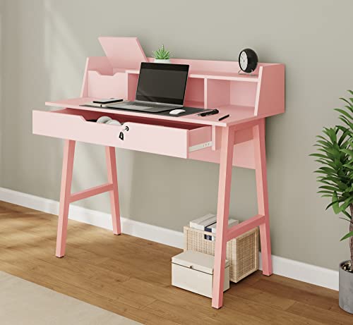 Roma Writing Desk - Elegant Wood Study Desk With Storage, Cable Holes & Drawers - Work Table for Home, Office, Dorm, Small Spaces - Compact Black Desk, 40x19x36.9” (pink)