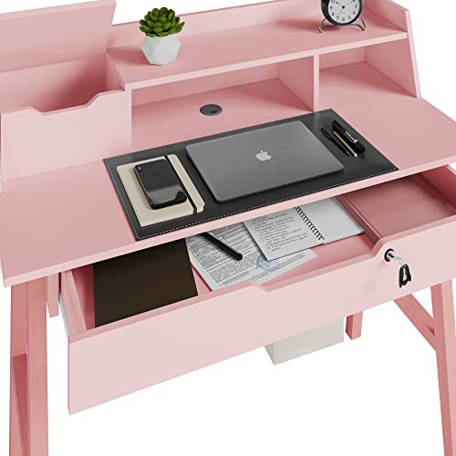 Roma Writing Desk - Elegant Wood Study Desk With Storage, Cable Holes & Drawers - Work Table for Home, Office, Dorm, Small Spaces - Compact Black Desk, 40x19x36.9” (pink)