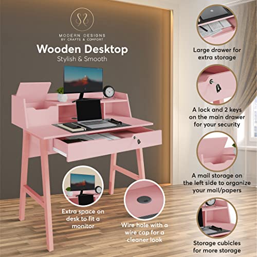 Roma Writing Desk - Elegant Wood Study Desk With Storage, Cable Holes & Drawers - Work Table for Home, Office, Dorm, Small Spaces - Compact Black Desk, 40x19x36.9” (pink)