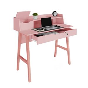 Roma Writing Desk - Elegant Wood Study Desk With Storage, Cable Holes & Drawers - Work Table for Home, Office, Dorm, Small Spaces - Compact Black Desk, 40x19x36.9” (pink)