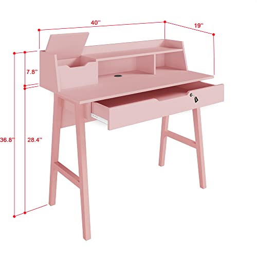 Roma Writing Desk - Elegant Wood Study Desk With Storage, Cable Holes & Drawers - Work Table for Home, Office, Dorm, Small Spaces - Compact Black Desk, 40x19x36.9” (pink)