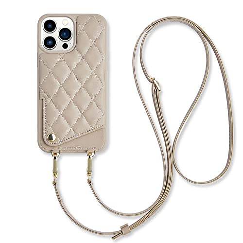 ROMIELA Series iPhone 14 Pro Max Crossbody Case with Card Holder Chain Strap Wallet, Quilted Leather Purse RFID Blocking Lanyard Women Protective for Apple iPhone 14 Pro Max, 6.7 inch - Apricot