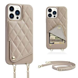 ROMIELA Series iPhone 14 Pro Max Crossbody Case with Card Holder Chain Strap Wallet, Quilted Leather Purse RFID Blocking Lanyard Women Protective for Apple iPhone 14 Pro Max, 6.7 inch - Apricot