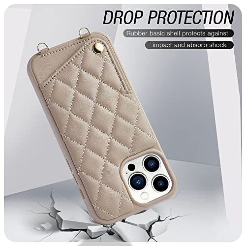 ROMIELA Series iPhone 14 Pro Max Crossbody Case with Card Holder Chain Strap Wallet, Quilted Leather Purse RFID Blocking Lanyard Women Protective for Apple iPhone 14 Pro Max, 6.7 inch - Apricot