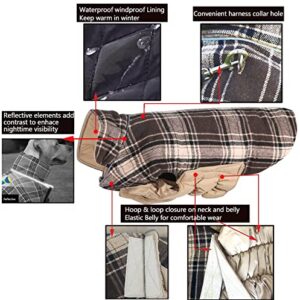 Sychien Dog Plaid Snow Jacket,Reflective Winter Warm Reversible Plaid Medium Coats,Christmas Thanksgiving Velcro Coats for Small Boy Girl Dogs,Khaki M