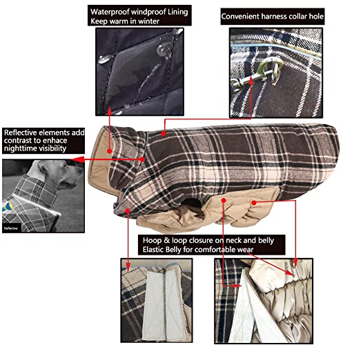 Sychien Dog Plaid Snow Jacket,Reflective Winter Warm Reversible Plaid Medium Coats,Christmas Thanksgiving Velcro Coats for Small Boy Girl Dogs,Khaki M