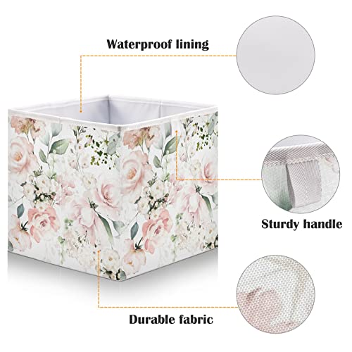 Kigai Pink Flowers Cube Storage Bins - 11x11x11 In Large Foldable Storage Basket Fabric Storage Baskes Organizer for Toys, Books, Shelves, Closet, Home Decor