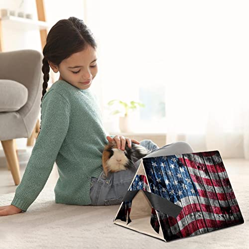 Y-DSIWX Guinea Pig Hideout House Bed, Retro Wooden USA Flag Rabbit Cave, Squirrel Chinchilla Hamster Hedgehog Nest Cage