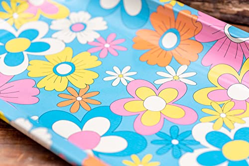 Puff Plate Decorative Metal Serving Tray - Cute Room Decor for Desk, Bathtub, Jewelry, Candle, Food or Coffee Table (Retro Flowers)