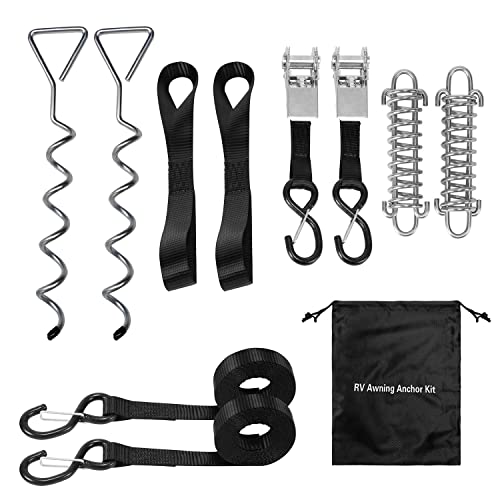 RV/Camper Awning Tie Down Anchor Kit with Ratchet Tie Down Strap and Buffer Tension Spring