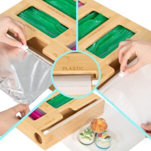 MillTu Ziplock Bag Storage Organizer for Kitchen Drawer, 5 in 1 Bamboo Food Storage Bag Organizer with Plastic Wrap Organizer, Compatible with Gallon, Quart, Sandwich, Snack Bag ＆ Kitchen Rolls