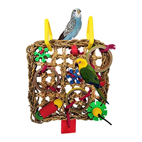 Acsist Bird Toys Parrot Toys Birds Foraging Toys Edible Seagrass Woven Climbing Hammock Mat with Colorful Bird Chew Toys for Lovebirds Finch Small Medium Parakeets