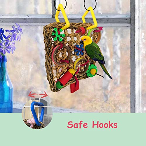 Acsist Bird Toys Parrot Toys Birds Foraging Toys Edible Seagrass Woven Climbing Hammock Mat with Colorful Bird Chew Toys for Lovebirds Finch Small Medium Parakeets