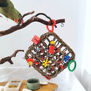 Acsist Bird Toys Parrot Toys Birds Foraging Toys Edible Seagrass Woven Climbing Hammock Mat with Colorful Bird Chew Toys for Lovebirds Finch Small Medium Parakeets