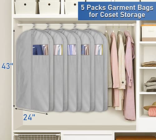 AOODA 43" Garment Bags for Hanging Clothes, Gusseted Suit Bags for Closet Storage Mens Clothes Cover with Handles for Coat, Jackets, Shirts (5 Packs)