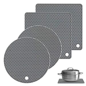 gaiamat silicone trivet mats, 4 pack 2 shape(2 squared+2 round) heat resistant pot holders set, silicone table mats large coasters for kitchen counter, tables, hot dishes, hot pats, pans(grey)