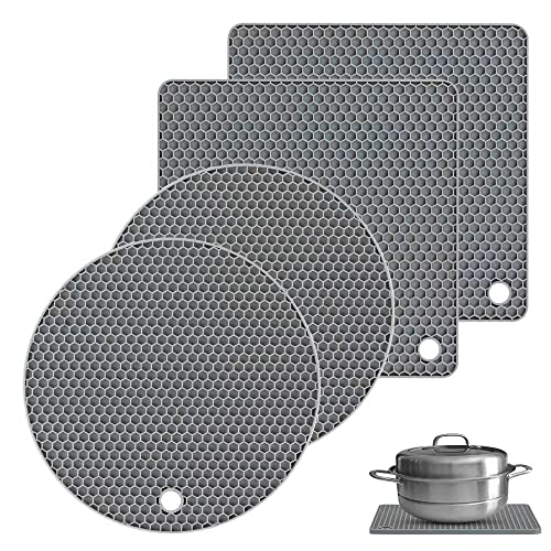 Gaiamat Silicone Trivet Mats, 4 Pack 2 Shape(2 Squared+2 Round) Heat Resistant Pot Holders Set, Silicone Table Mats Large Coasters for Kitchen Counter, Tables, Hot Dishes, Hot Pats, Pans(Grey)