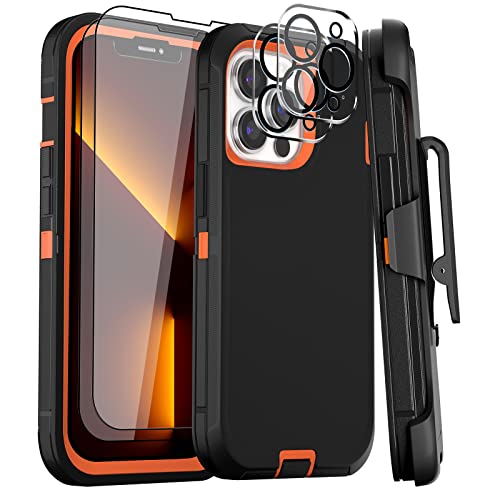 Case for iPhone 13 Pro Max Case 6.7" Belt-Clip Kickstand Holster with 2 Screen Protector + 2 Camera Lens Protector,Full Body Heavy Duty Military Grade Drop Protection Cover (Black Orange+Clip)