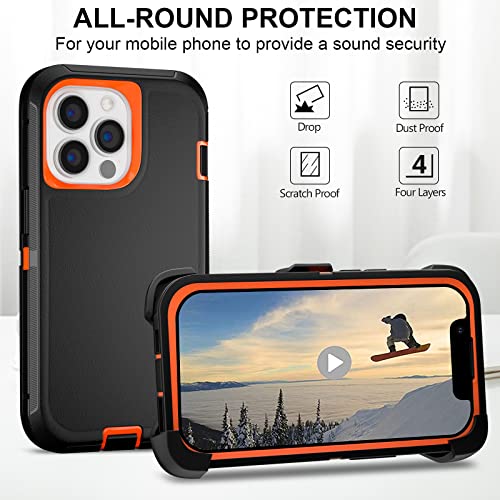 Case for iPhone 13 Pro Max Case 6.7" Belt-Clip Kickstand Holster with 2 Screen Protector + 2 Camera Lens Protector,Full Body Heavy Duty Military Grade Drop Protection Cover (Black Orange+Clip)