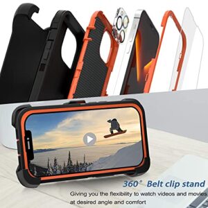 Case for iPhone 13 Pro Max Case 6.7" Belt-Clip Kickstand Holster with 2 Screen Protector + 2 Camera Lens Protector,Full Body Heavy Duty Military Grade Drop Protection Cover (Black Orange+Clip)