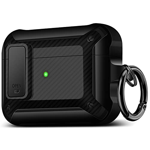 Maxjoy for Airpods Pro 2nd Generation Case, Carbon Fiber Secure Lock Clip Full Body Shockproof Hard Shell Protective Case Cover with Keychain for Apple AirPod Pro 2, Black