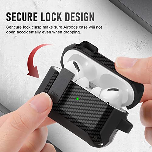 Maxjoy for Airpods Pro 2nd Generation Case, Carbon Fiber Secure Lock Clip Full Body Shockproof Hard Shell Protective Case Cover with Keychain for Apple AirPod Pro 2, Black