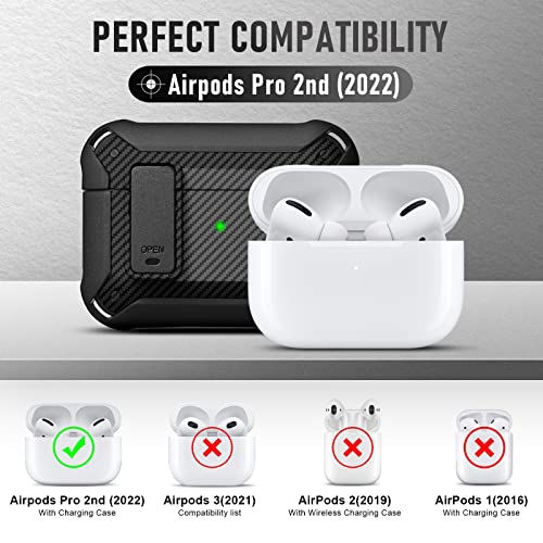 Maxjoy for Airpods Pro 2nd Generation Case, Carbon Fiber Secure Lock Clip Full Body Shockproof Hard Shell Protective Case Cover with Keychain for Apple AirPod Pro 2, Black