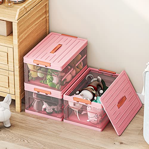 Wisdom Star 3 Pack Collapsible Storage Bins with Lids, Clear Plastic Foldable Storage Box, Stackable Storage Containers for Organizing, Pink