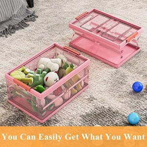 Wisdom Star 3 Pack Collapsible Storage Bins with Lids, Clear Plastic Foldable Storage Box, Stackable Storage Containers for Organizing, Pink