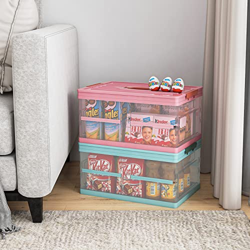 Wisdom Star 3 Pack Collapsible Storage Bins with Lids, Clear Plastic Foldable Storage Box, Stackable Storage Containers for Organizing, Pink