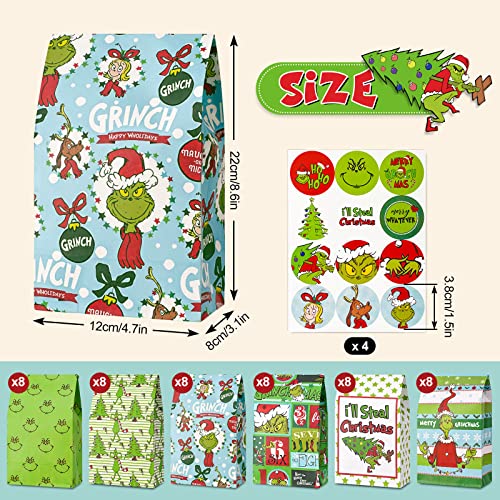 AnyDesign 48Pcs Christmas Treat Goodie Bag 6 Design Christmas Paper Gift Bag with 48Pcs Stickers Funny Cartoon Character Party Favor Bags Candy Bags for Snacks Cookie Wrapping Supplies