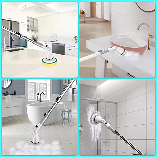 Electric Spin Scrubber, Cordless Electric Cleaning Brush with 5 Replaceable Brush Heads Adjustable Extension Handle, Power Shower Scrubber for Tub, Tile, Floor, Sink and Glass