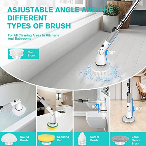 Electric Spin Scrubber, Cordless Electric Cleaning Brush with 5 Replaceable Brush Heads Adjustable Extension Handle, Power Shower Scrubber for Tub, Tile, Floor, Sink and Glass