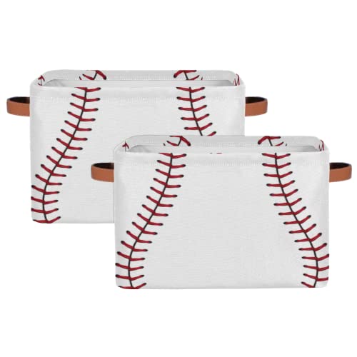 2Pack Sports Baseball Print Large Collapsible Storage Bins,Sports Basket Decorative Canvas Fabric Storage Boxes with Handles,Rectangular Shelves Baskets Box for Home Office Nursery Closet