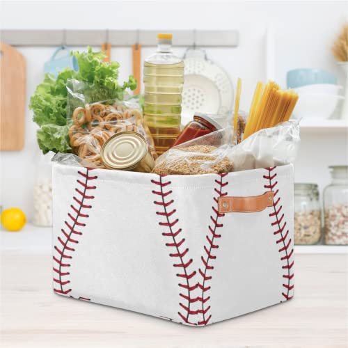 2Pack Sports Baseball Print Large Collapsible Storage Bins,Sports Basket Decorative Canvas Fabric Storage Boxes with Handles,Rectangular Shelves Baskets Box for Home Office Nursery Closet