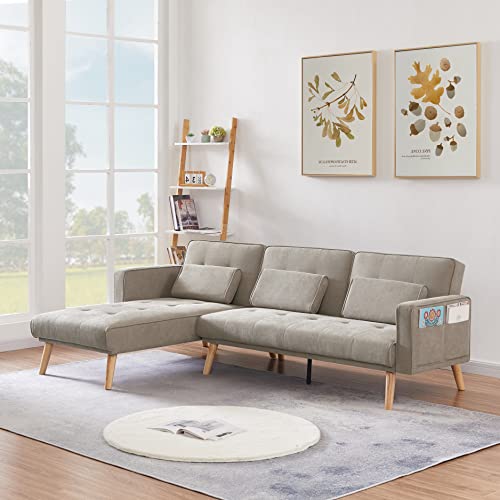 Melpomene Sectional Sofa Bed, Linen l Shaped Couch with Adjustable Back and Organizer,94.5" L Sofa Couch with 3 Pillows for Living Room and Small Space(Left+Light Brown)