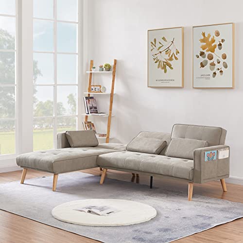 Melpomene Sectional Sofa Bed, Linen l Shaped Couch with Adjustable Back and Organizer,94.5" L Sofa Couch with 3 Pillows for Living Room and Small Space(Left+Light Brown)