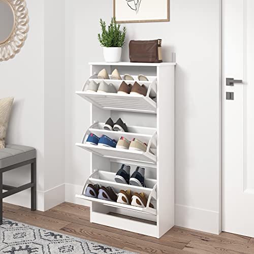 Hommoo Shoe Cabinet with 3 Flip Louvered Door Wood Shoe Rack with 3 Adjustable Shelf Modern White Shoe Storage Cabinet for Entryway Hallway