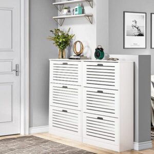 Hommoo Shoe Cabinet with 3 Flip Louvered Door Wood Shoe Rack with 3 Adjustable Shelf Modern White Shoe Storage Cabinet for Entryway Hallway