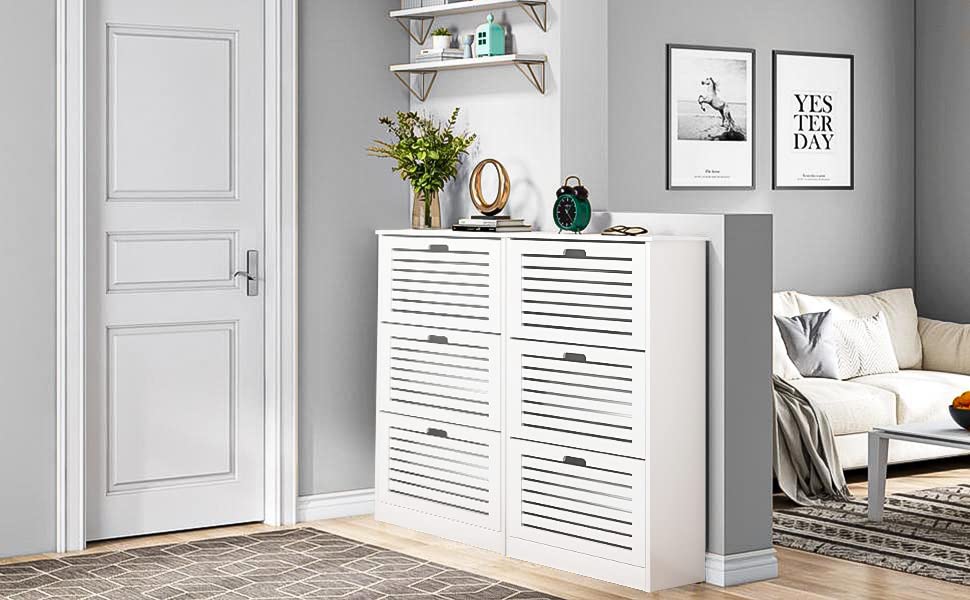 Hommoo Shoe Cabinet with 3 Flip Louvered Door Wood Shoe Rack with 3 Adjustable Shelf Modern White Shoe Storage Cabinet for Entryway Hallway