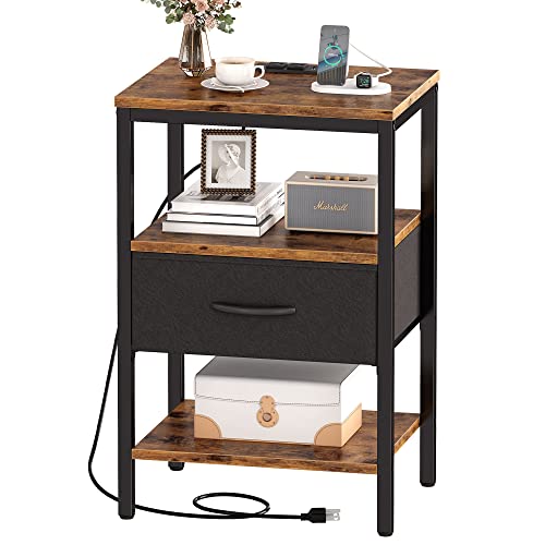 SUPERJARE Nightstand with Charging Station, Bed Side Table with Adjustable Fabric Drawer, Night Stand for Bedroom, 3-Tier Storage End Table, for Living Room - Rustic Brown