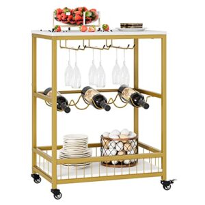 HITHOS Industrial Bar Carts for The Home, Mobile Serving Cart with Wine Rack and Glass Holder, Beverage Cart, on Wheels, Rolling Drink Trolley Living Room, Kitchen, White Gold