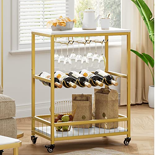 HITHOS Industrial Bar Carts for The Home, Mobile Serving Cart with Wine Rack and Glass Holder, Beverage Cart, on Wheels, Rolling Drink Trolley Living Room, Kitchen, White Gold