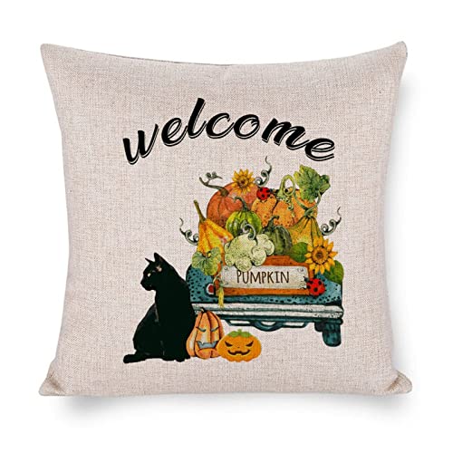 Halloween Pumpkins Gnomes Truck Throw Pillows for Couch Autumn Gnomes Farmhouse Standard Size Burlap Pillow Shams for Couch Sofa Home Decoration Zippered Retirement Gifts 18x18