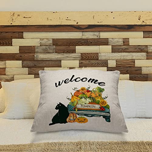 Halloween Pumpkins Gnomes Truck Throw Pillows for Couch Autumn Gnomes Farmhouse Standard Size Burlap Pillow Shams for Couch Sofa Home Decoration Zippered Retirement Gifts 18x18