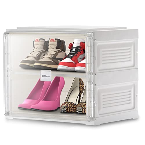 ORGXpert Stackable Drop Front Shoe Storage Organizer, Reusability Stylish Clear Plastic Shoe Box, Sturdy XLarge Shoe Display Container with Lids, Fits up to Size 12 Sneakers High Tops, 2 Layer