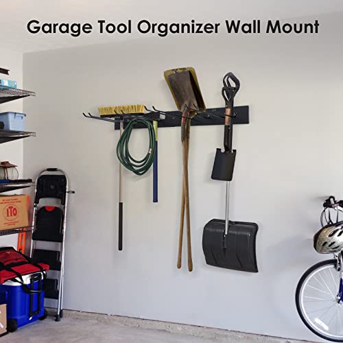 Iswabard Garage Tool Organizer Wall Mount, Set of 2, Garage Organization Heavy Duty Tools Steel Gear Hanger with 6 Hooks Storage Rack for Yard Tool Holders For Shovels, Hoses, and More, Black